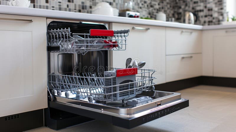 Modern Kitchen Interior with Open Dishwasher Stock Image - Image of ...
