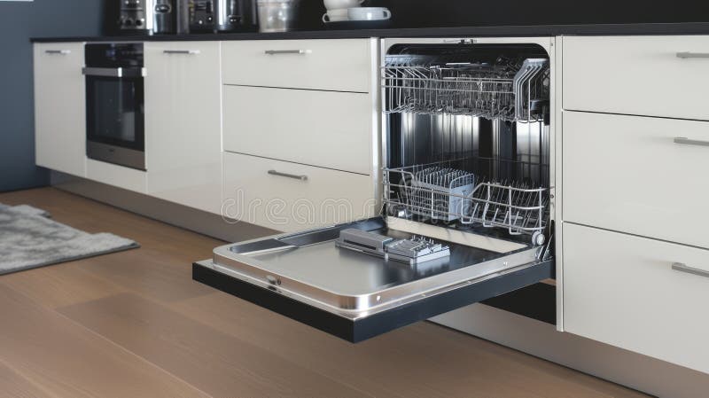 Modern Kitchen Interior with Open Dishwasher Stock Image - Image of ...