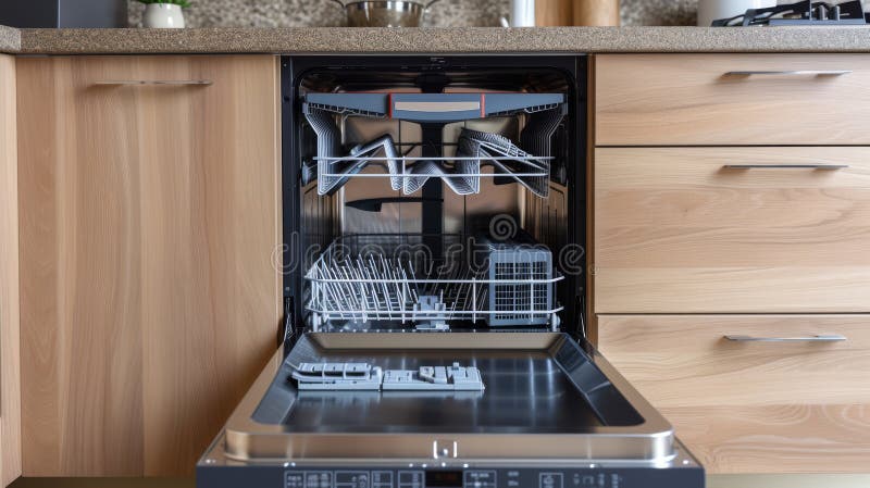 Modern Kitchen Interior with Open Dishwasher Stock Photo - Image of ...