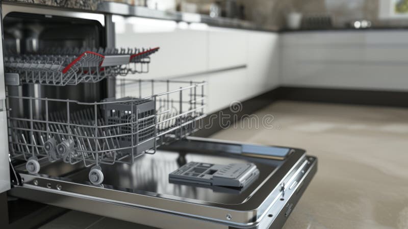 Modern Kitchen Interior with Open Dishwasher Stock Photo - Image of ...