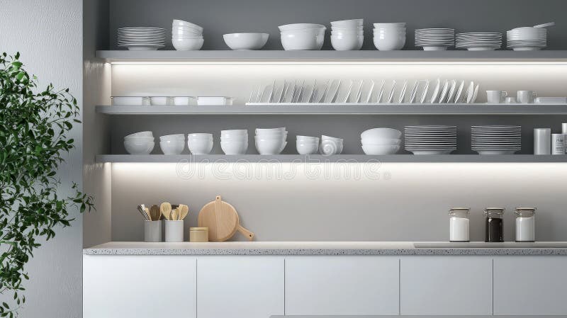 Modern Kitchen Interior with Open Shelves, White Cabinets, and a Plant ...