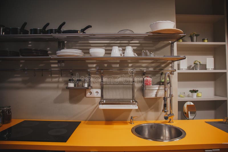 Modern Kitchen Interior, Open Shelving with Dishes Stock Photo - Image ...