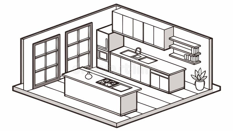 Modern Kitchen Interior Outline, Isometric Architectural Vector, Vector ...