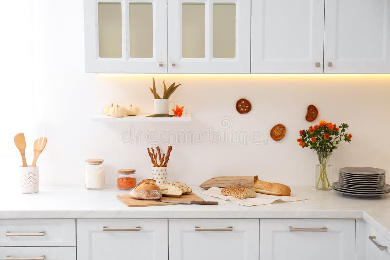 Modern Kitchen Interior with Products on Counter Stock Photo - Image of ...