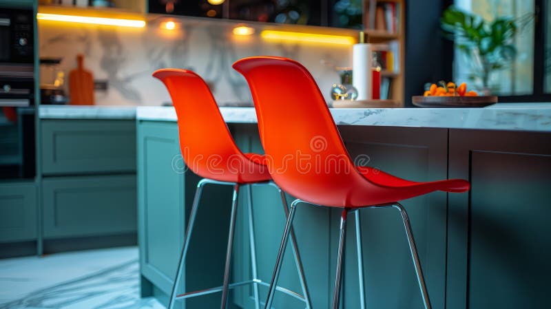 Modern Kitchen Interior Red Bar Stools Marble Countertop Stock Photos ...