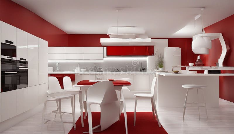 Modern Kitchen Interior with Red Walls and White Furniture Stock ...