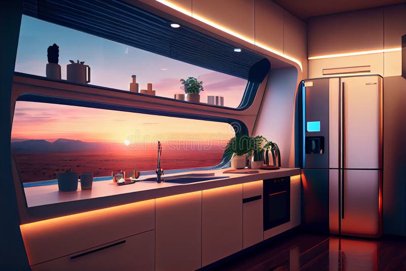 Modern Kitchen Interior with Smart Appliances and Panoramic Window ...