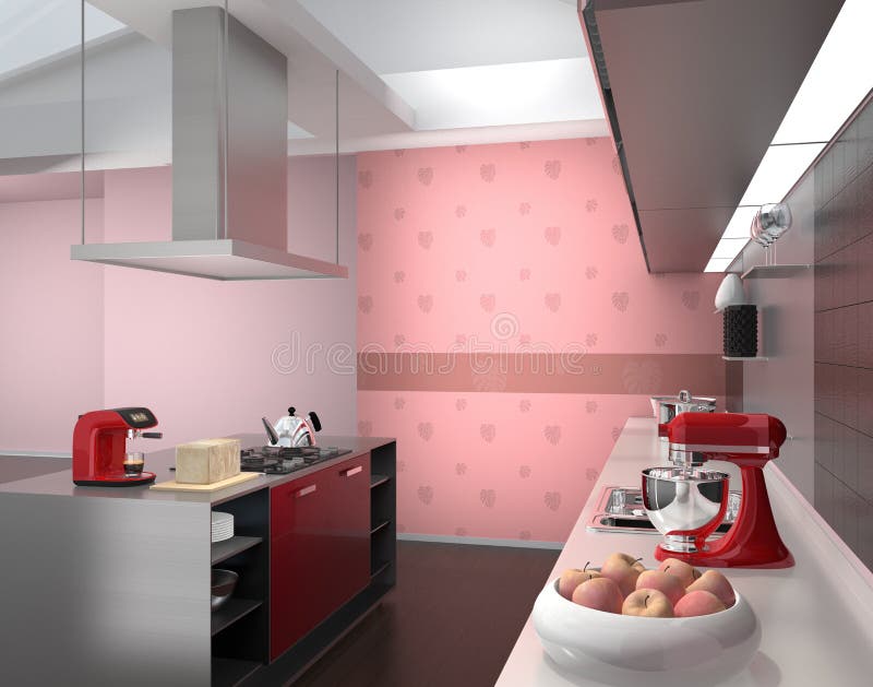 Modern Kitchen Interior with Smart Appliances in Pink Color ...