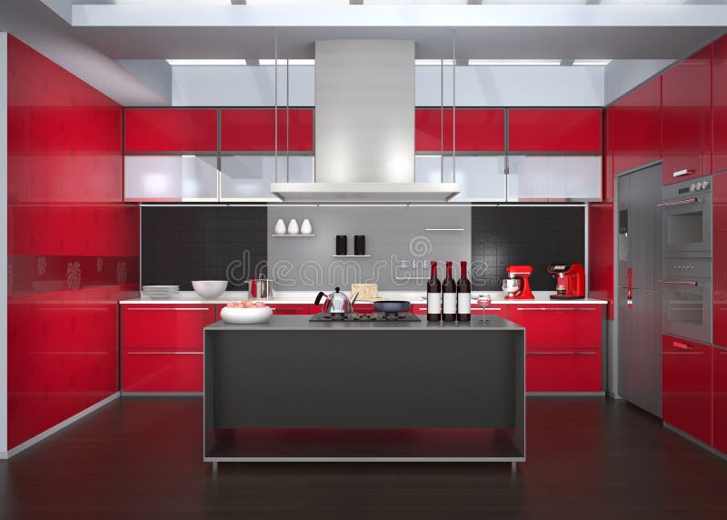Modern Kitchen Interior with Smart Appliances in Red Color Coordination ...