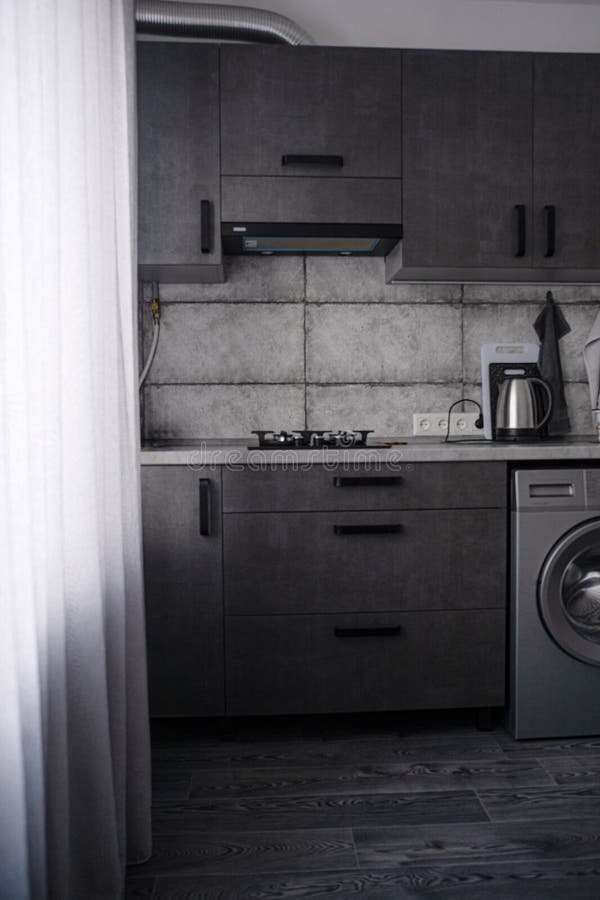 Modern Kitchen Interior. Stylish Grey Kitchen Design Stock Photo ...