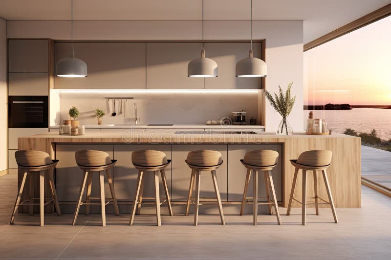 Modern Kitchen Interior at Sunset: Elegance Meets Natural Light Stock ...