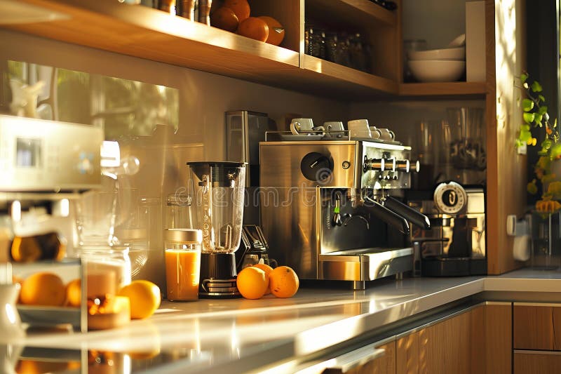 Modern Kitchen Interior at Sunset Stock Image - Image of wooden ...