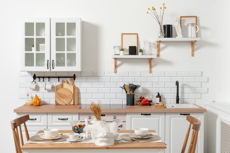 Modern Kitchen Interior with Table Setting and Shelves Stock Image ...