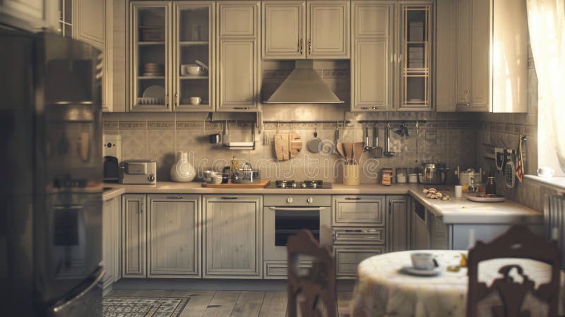 A Modern Kitchen Interior with a Table, Stove, and Cabinets Stock Image ...