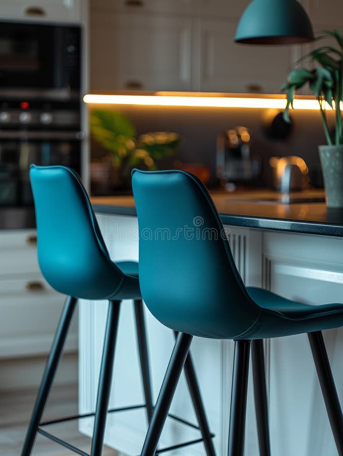 Modern Kitchen Interior with Teal Bar Stools and Stylish Decor Stock ...