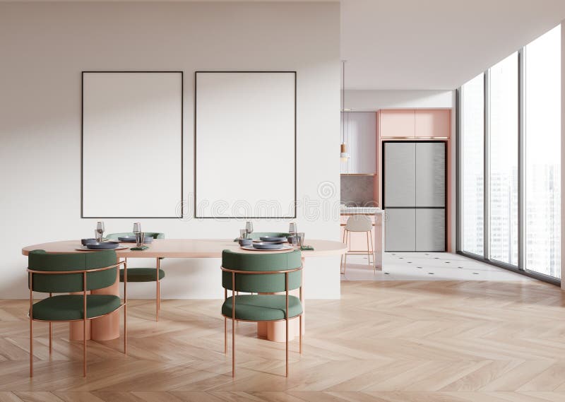 Kitchen Interior with Two Blank Posters on a Wall, Featuring Stylish ...