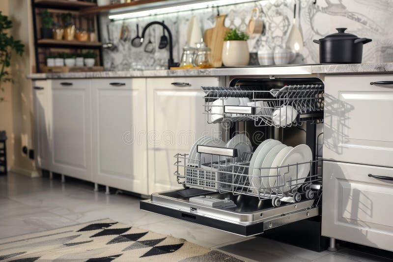 Modern Kitchen Interior with Used White Dishes Prepared for Washing in ...