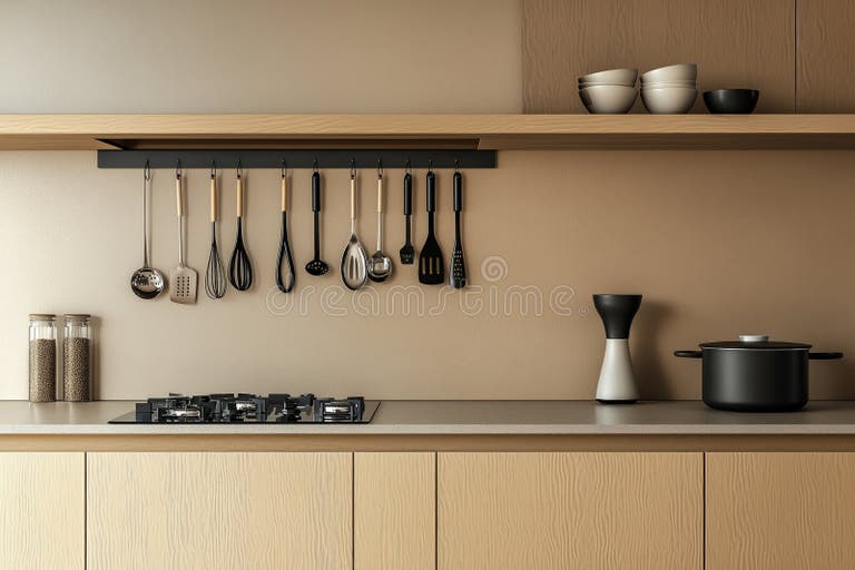 Modern Kitchen Interior with Utensils and Cookware Stock Image - Image ...