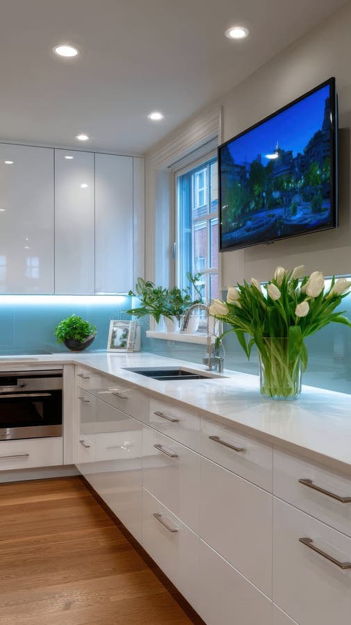 Modern Kitchen Interior White Cabinets Marble Countertops Elegant ...