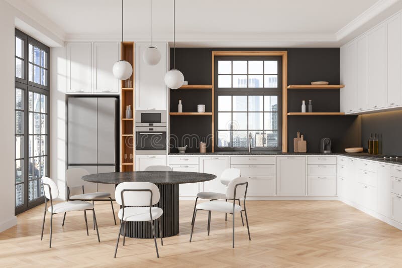 Modern Kitchen Interior with White Cabinets and Round Dining Table. 3D ...