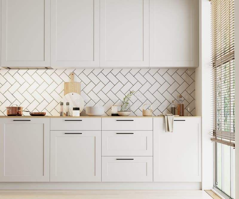 Modern Kitchen Interior with White Cabinets and Tile, 3d Rendering ...
