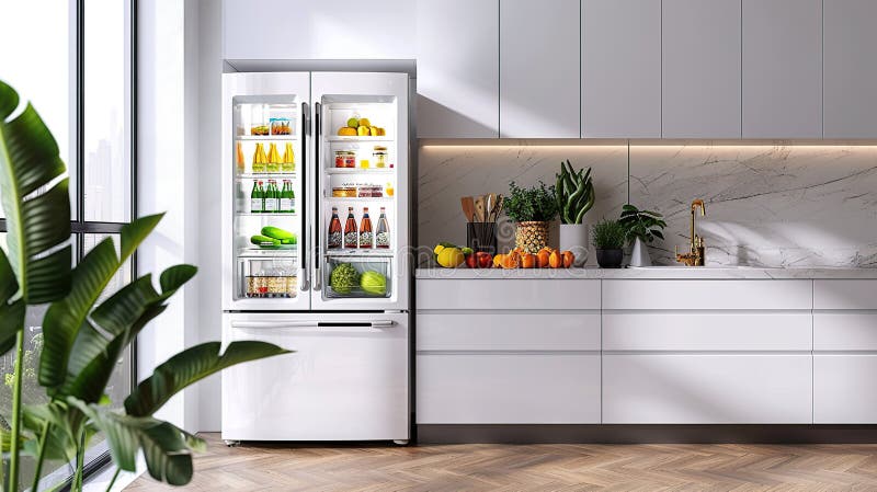 Modern Kitchen Interior with a White Refrigerator, a Marble Countertop ...