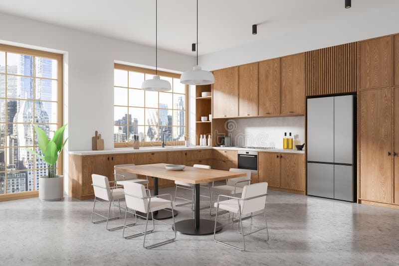 Modern Kitchen Interior with Wooden Cabinets and Dining Table. 3D ...