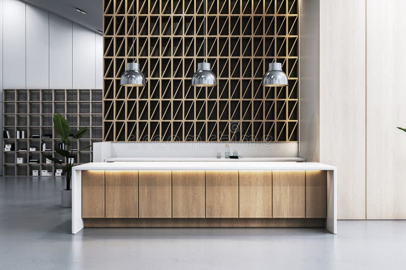 Modern Kitchen Interior with Wooden Cabinets, Geometric Wall Pattern ...