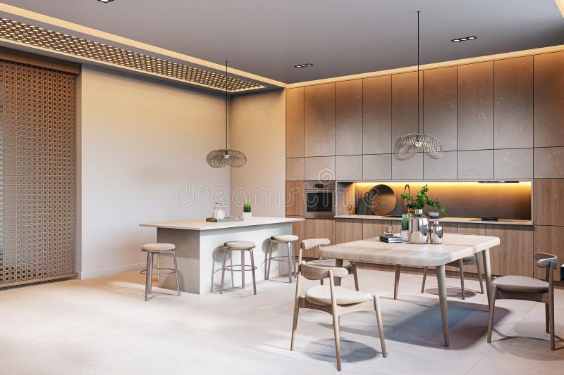 Modern Kitchen Interior with Wooden Cabinets, Island, Stools, and a ...
