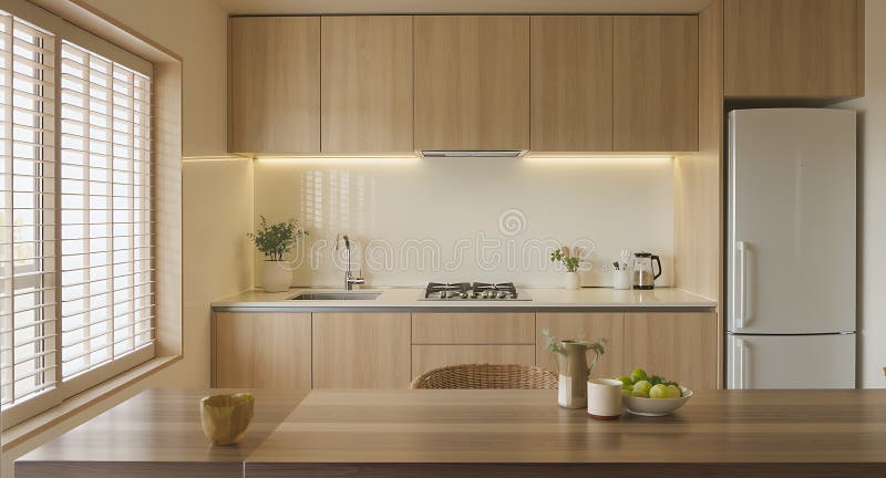 Modern Kitchen Interior with Wooden Cabinets and Table Stock Photo ...