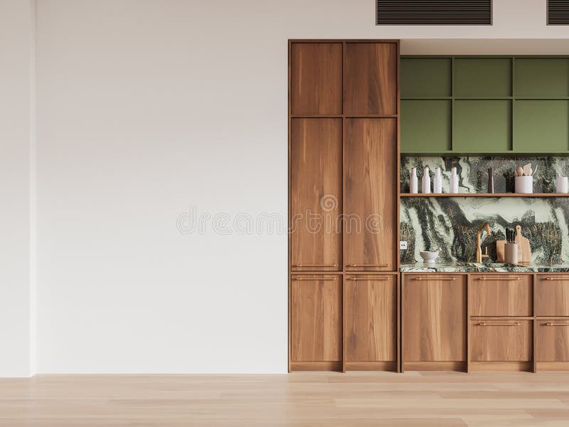 Modern Kitchen Interior with Wooden Cabinets and a Vibrant Backsplash ...