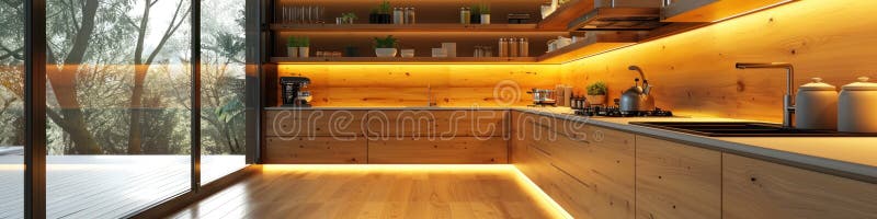 Modern Kitchen Interior with Wooden Counters and Warm Lighting in a ...