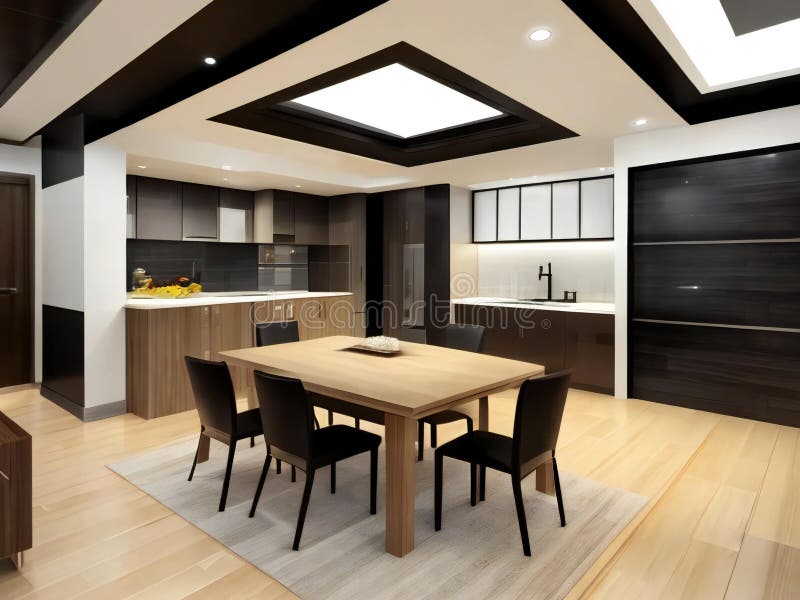 Modern Kitchen Interior with Wooden Dining Table and Chairs, Sleek ...