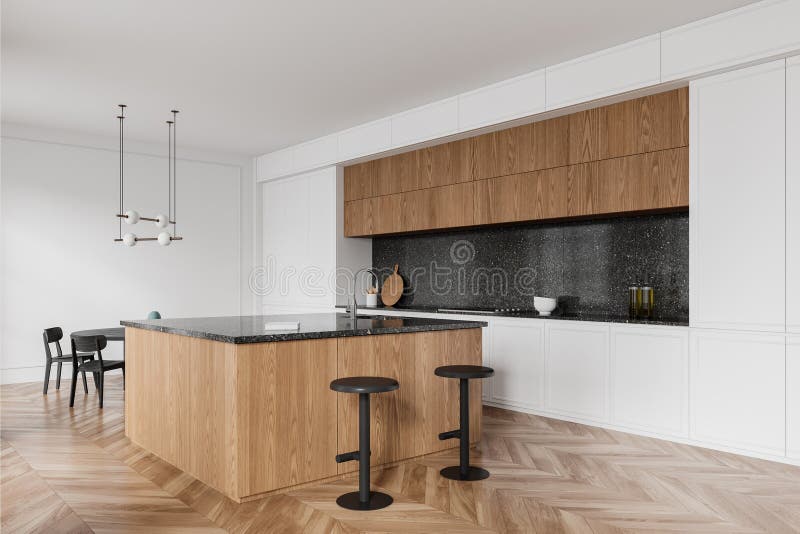 Kitchen Interior with Wooden Features, a Central Island, and Pendant ...