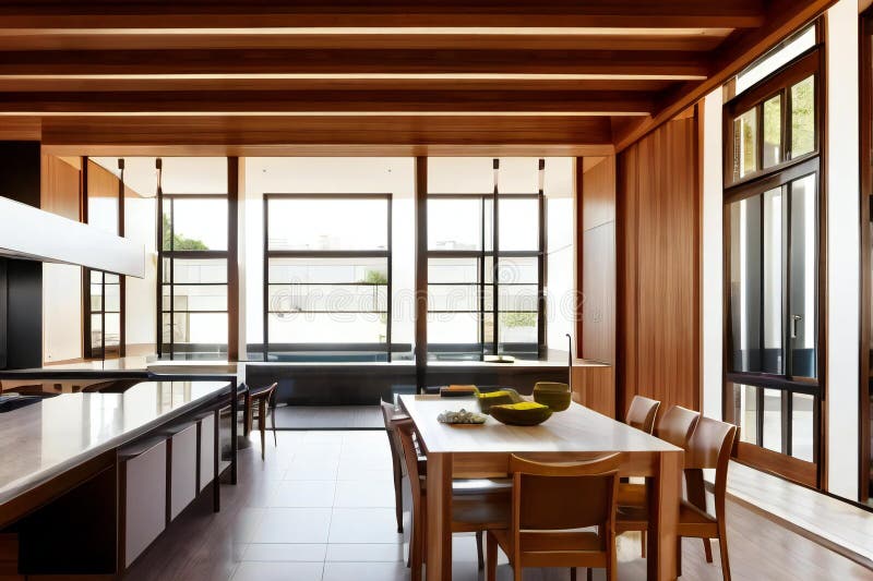 Modern Kitchen Interior with Wooden Finishes and Large Windows ...
