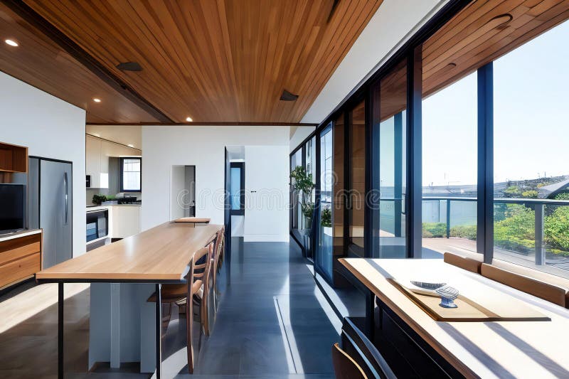Modern Kitchen Interior with Wooden Finishes and Large Windows Offering Plenty of Natural Light ...