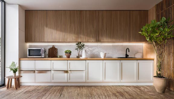 Modern Kitchen Interior with Wooden and White Cabinets. 3D Rendering ...