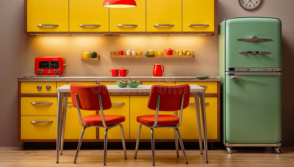 Modern Kitchen Interior with Yellow Fridge and Red Chairs. 3d Render ...