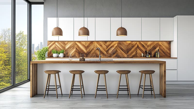 Modern Kitchen Island, City View, Wood Design, Breakfast Bar, Interior Design Stock Image ...