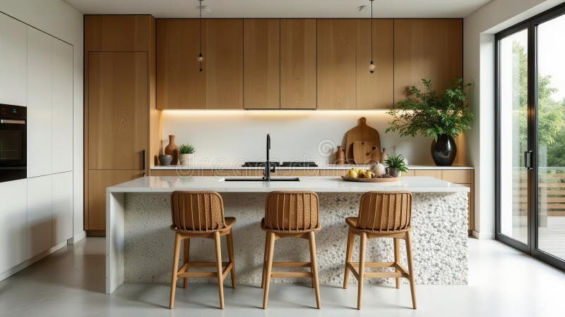 Modern Kitchen Island Design with Light Wood Cabinets and Pebble Tile ...