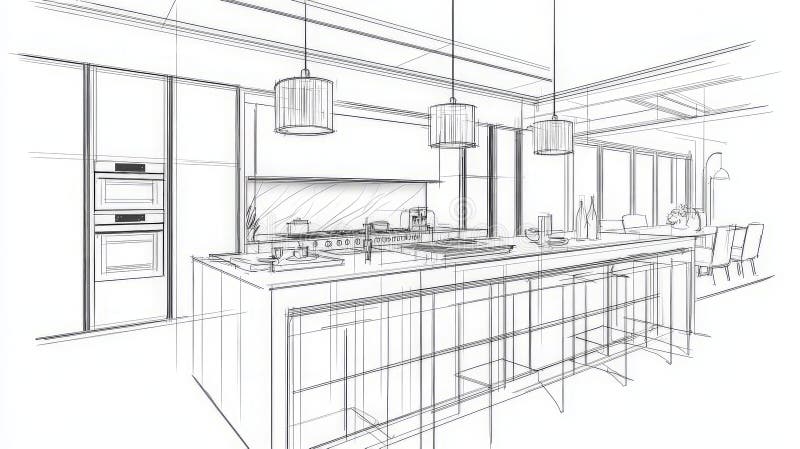 Modern Kitchen Island Design Sketch; Open Plan Living Stock Photo ...