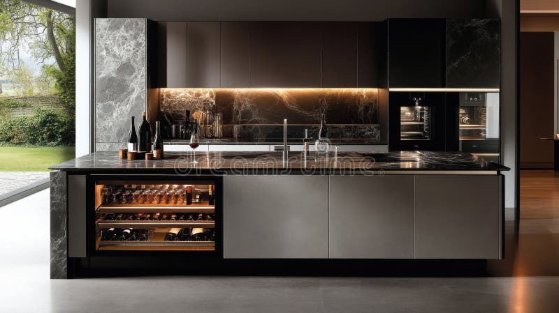 Modern Kitchen Island with Integrated Wine Cooler and Marble ...