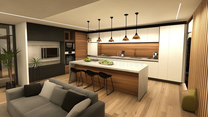 Modern Kitchen Island Open-plan Apartment Evening Lighting Design Stock Photo - Image of ...