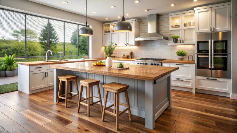 Modern Kitchen Island Island Perspective, Wood Counter, Natural Light ...