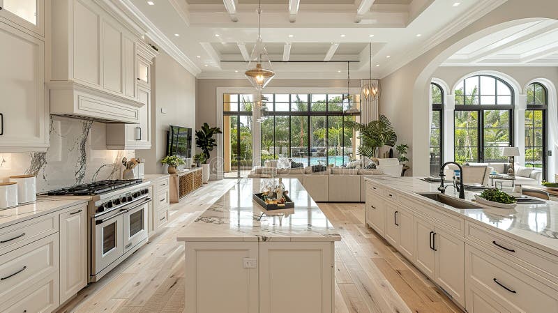 Modern Kitchen with Island and Pool View Stock Illustration ...