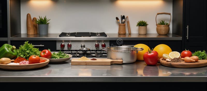 Modern Kitchen Island Setup with Culinary Tools Showcasing Cooking ...