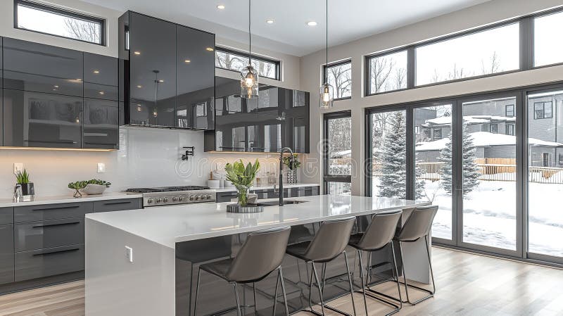 Modern Kitchen Island, Snowy Backyard View, Home Interior Design Stock ...