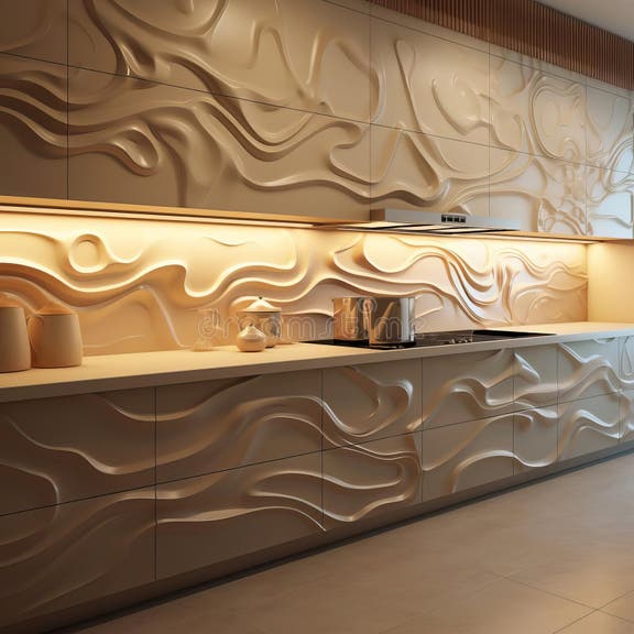 Modern Kitchen Island with Striking Wave-patterned Backsplash Design ...