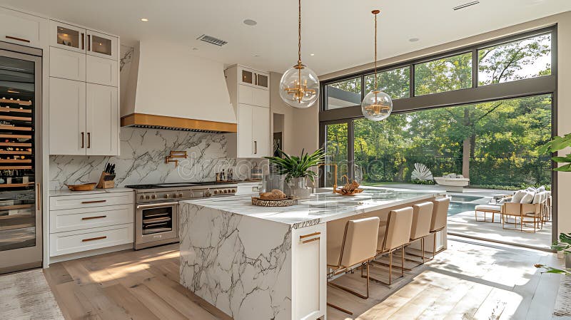 Modern Kitchen, Island, Sunlight, Pool View, Home Design Stock ...