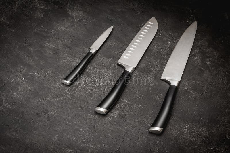 Modern Kitchen Knives Set on Stone Background. Chef S Knives Concept ...